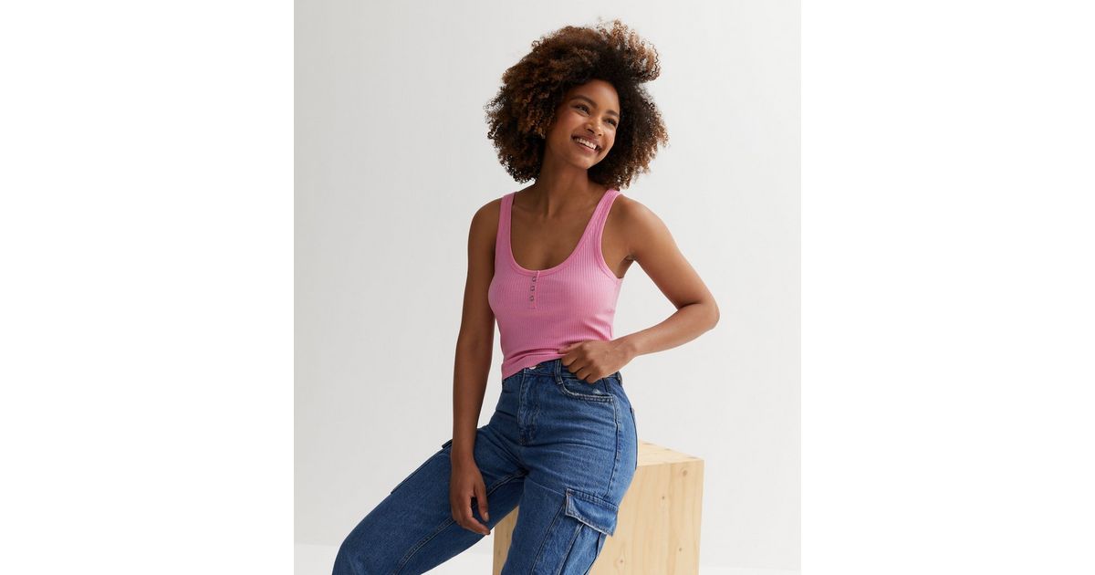 Deep Pink Ribbed Jersey Popper Front Crop vest | New Look