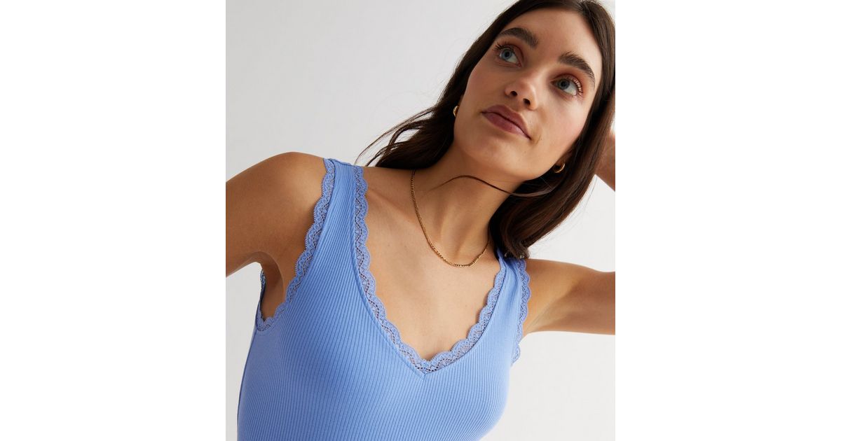 Pale Blue Ribbed Lace Trim Vest | New Look