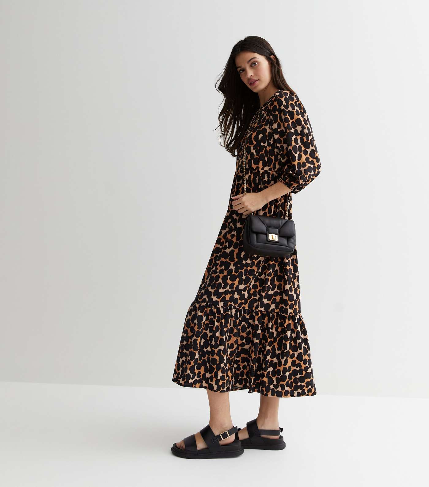 Brown Leopard Print Puff Sleeve Midi Smock Dress New Look