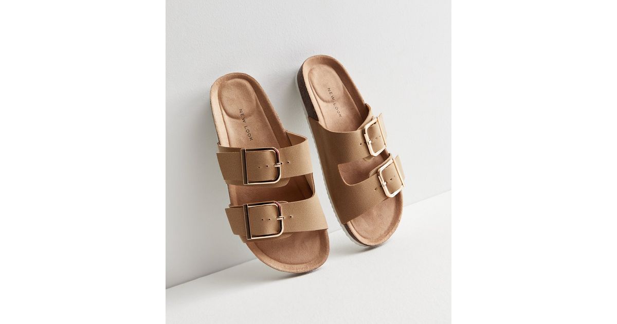 Light Brown Suedette Buckle Footbed Sliders | New Look