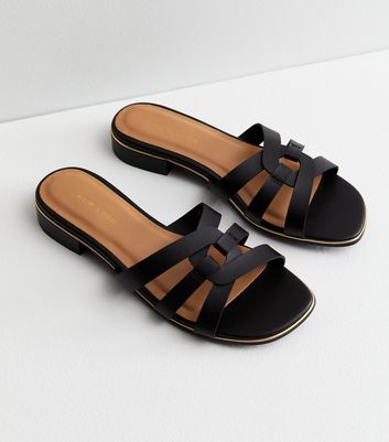 Black Metal Trim Mule Sliders | New Look