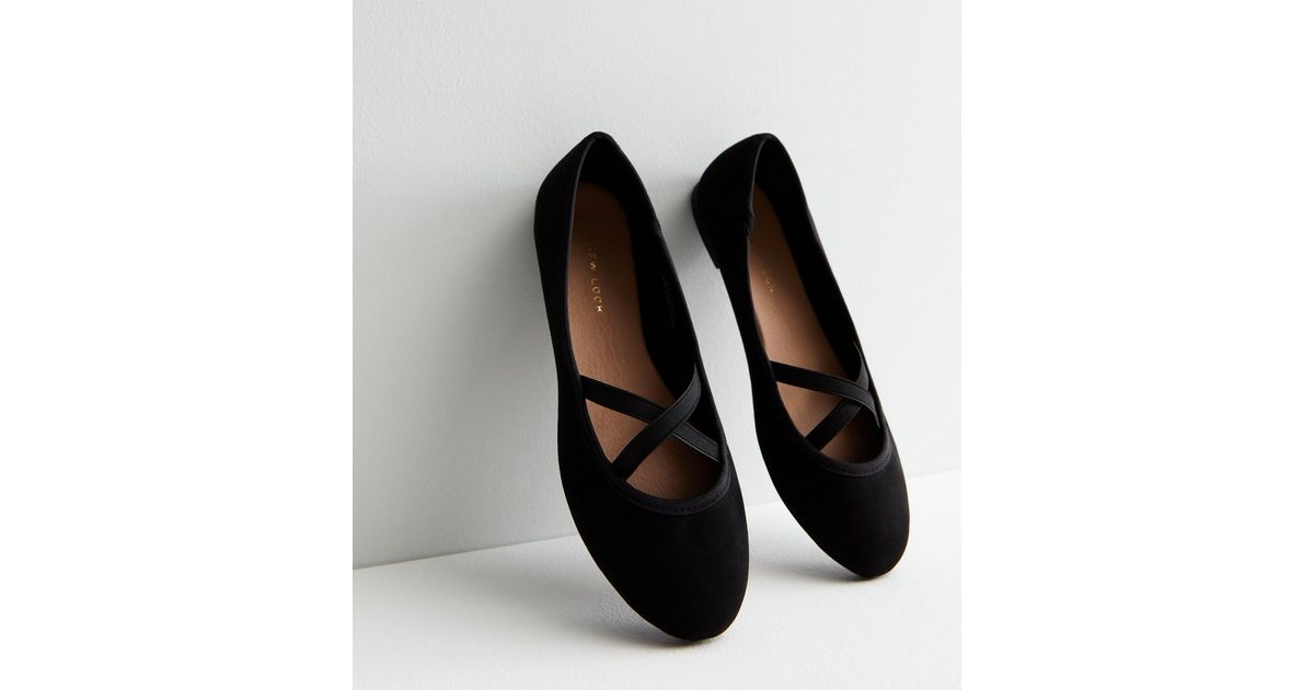 Black Suedette Elasticated Cross Strap Ballerina Pumps | New Look