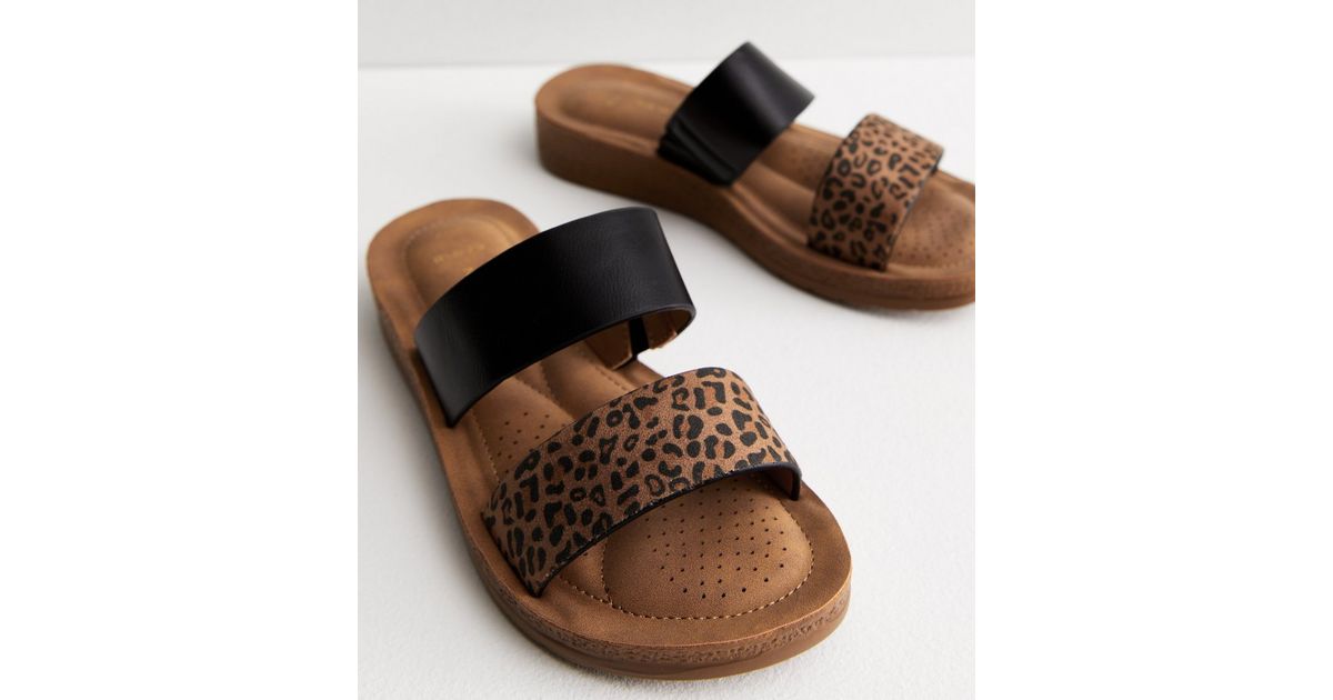 Wide Fit Stone Leopard Print Footbed Sliders | New Look