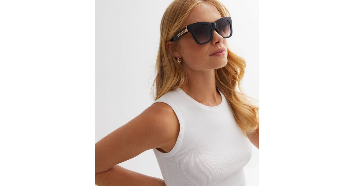 Black Chain Trim Sunglasses New Look