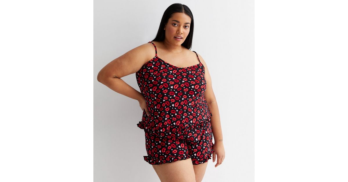 Curves Black Soft Touch Cami Pyjama Set With Lips Print New Look