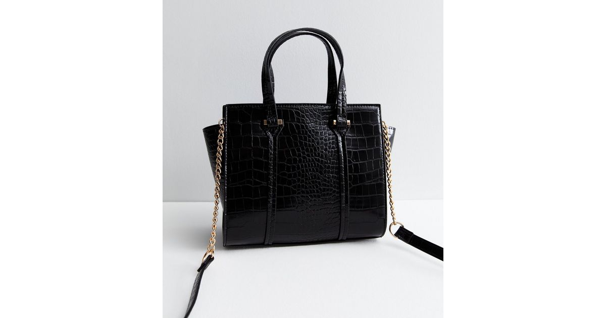 Black Faux Croc Chain Cross Body Tote Bag | New Look