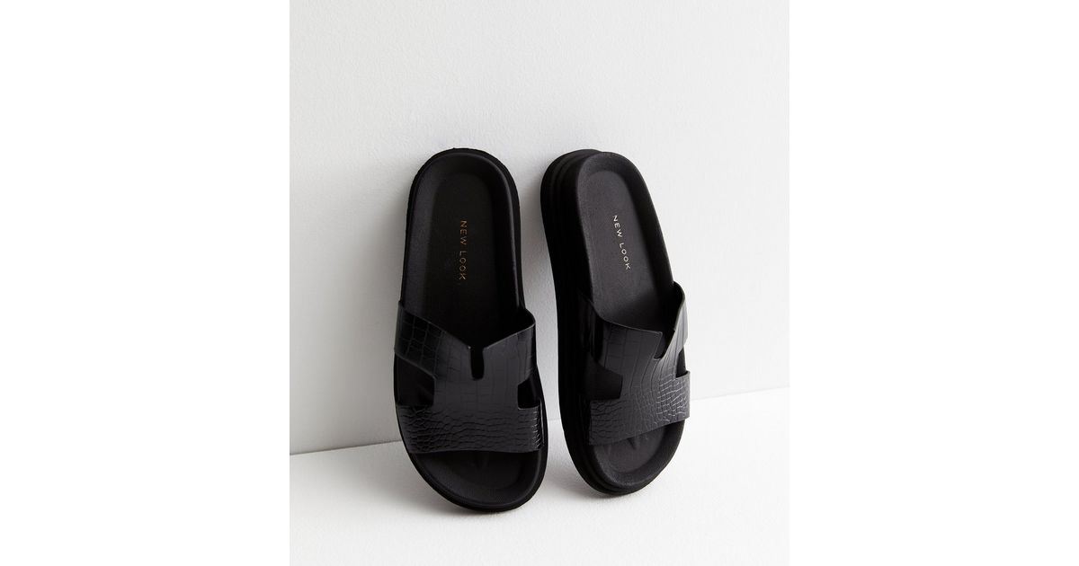 Black Faux Croc Chunky Mule Sliders | New Look