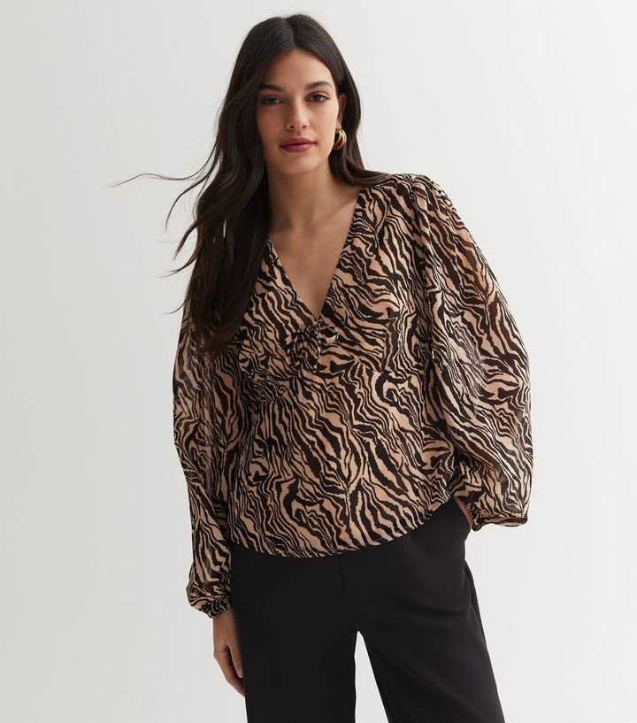 Black Animal Print Chiffon V Neck Long Puff Sleeve Top | New Look