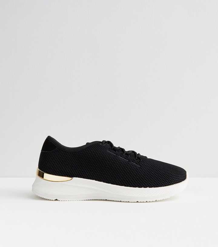 Black Knit Metal Trim Lace Up Trainers | New Look