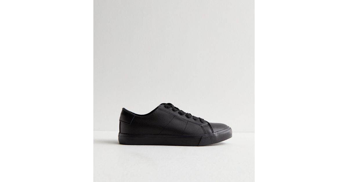 Black Leather Look Lace Up Trainers New Look