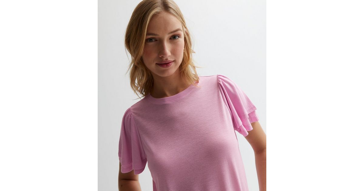 Mid Pink Flutter Sleeve T-Shirt | New Look