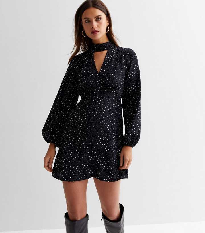 Black Spot High Neck Keyhole Mini Dress | New Look