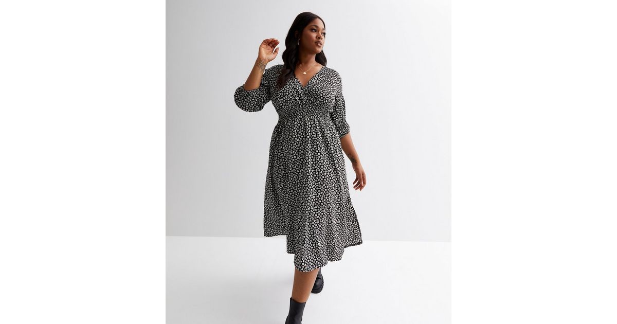 Curves Black Ditsy Floral V Neck Long Sleeve Midi Dress | New Look