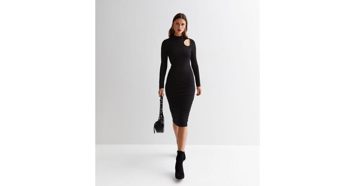 Black Jersey High Neck Long Sleeve Cut Out Midaxi Bodycon Dress | New Look
