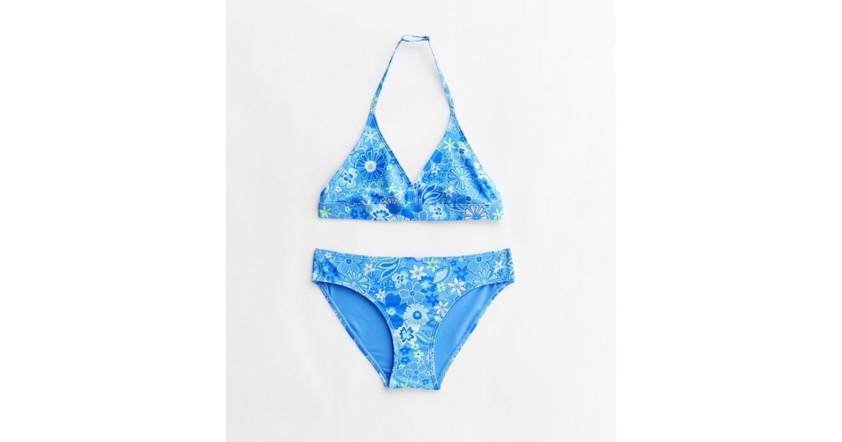 Girls Blue Tropical Triangle Bikini Set | New Look