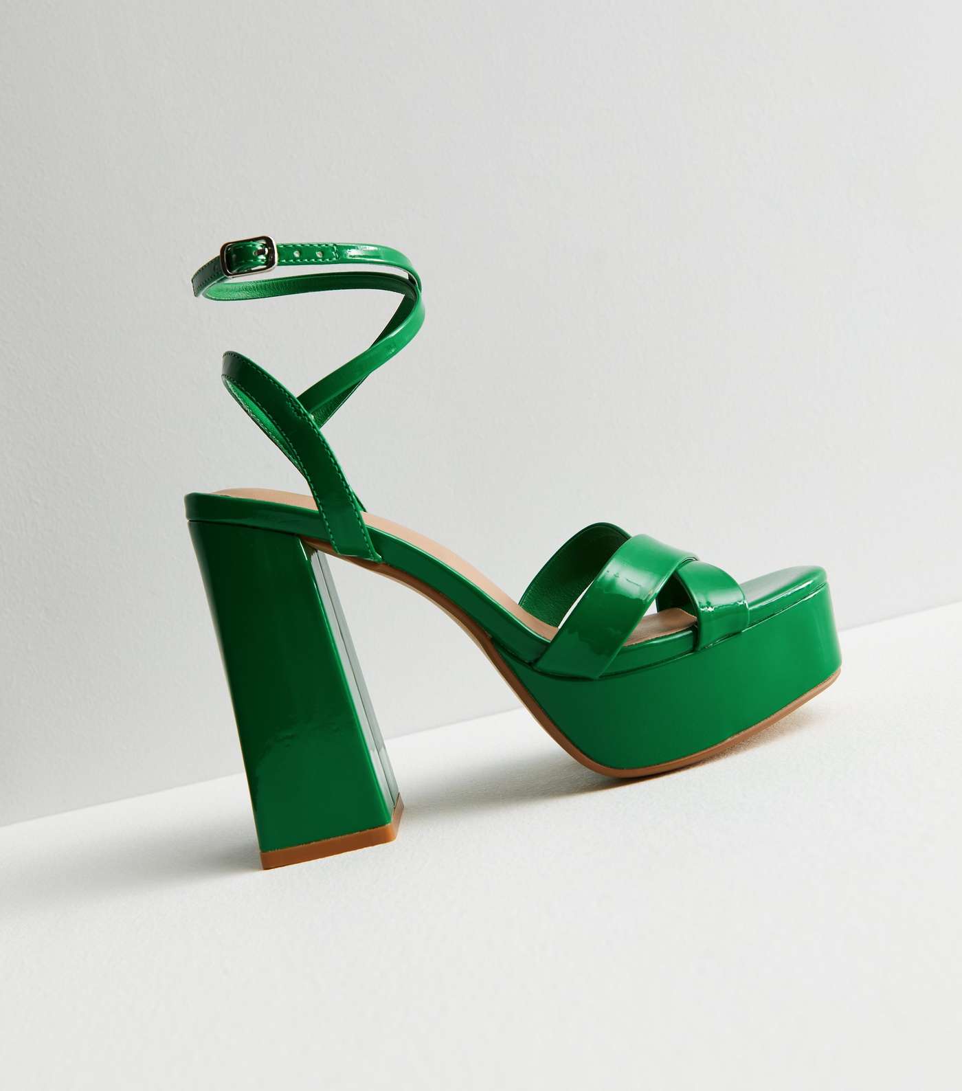 Green Patent Strappy Platform Block Heel Sandals New Look