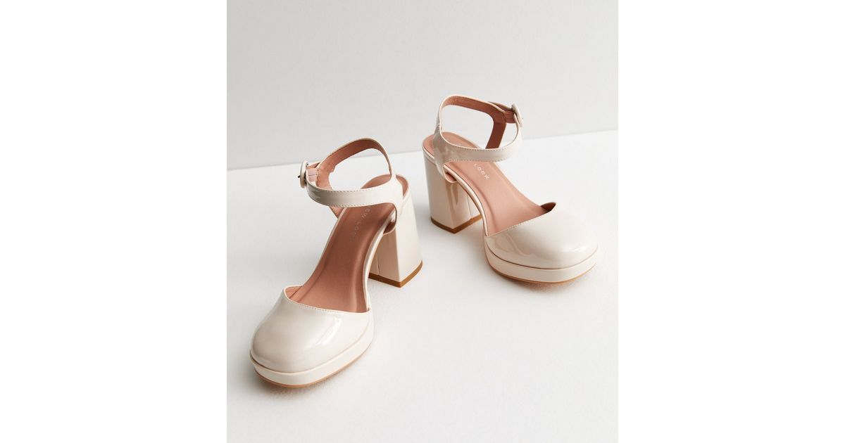 Wide Fit Off White Patent 2 Part Platform Block Heel Court Shoes | New Look