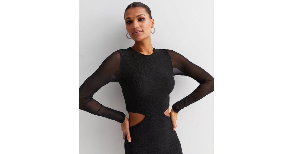 Noisy May Black Mesh Long Sleeve Cut Out Mini Dress | New Look