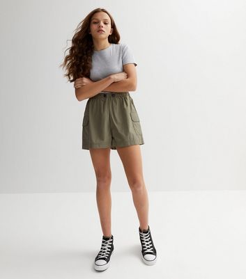 Girls Khaki High Waist Cargo Parachute Shorts | New Look