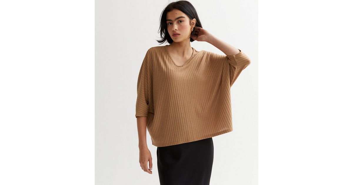 Tan Ribbed Fine Knit V Neck Batwing Top | New Look