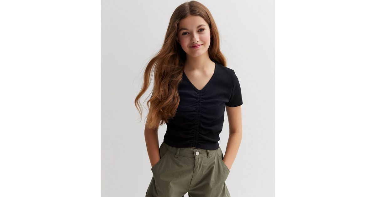 Girls Black Ribbed Ruched Front Top | New Look