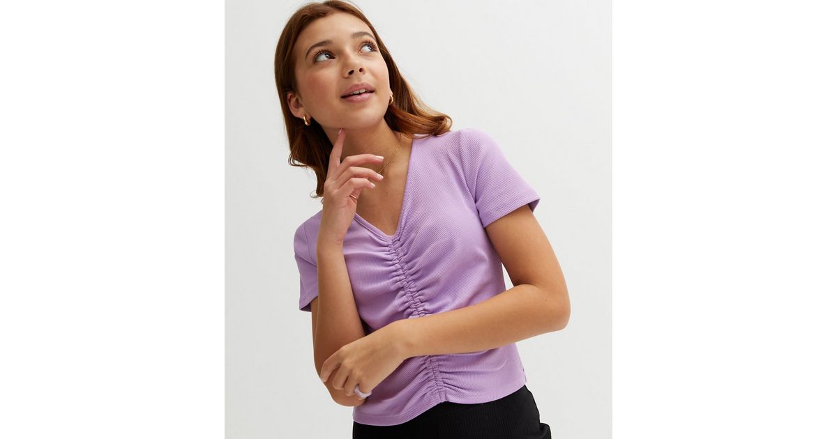 Girls Light Purple Ribbed Ruched Front Top | New Look