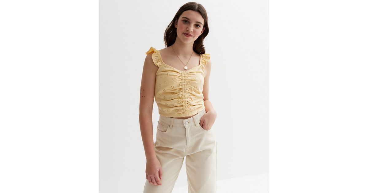 Girls Pale Yellow Broderie Frill Ruched Vest | New Look