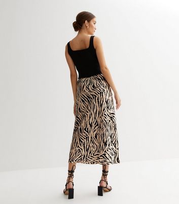 Brown Zebra Print Satin Bias Cut Midi Skirt | New Look