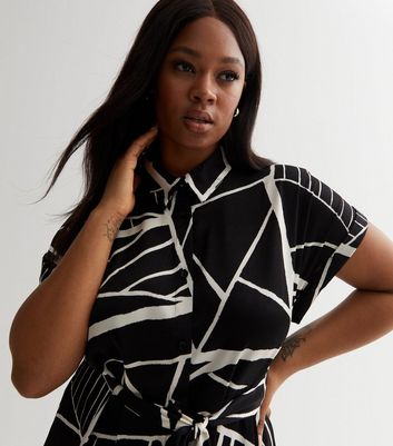 Curves Black Abstract Line Short Sleeve Midi Shirt Dress | New Look