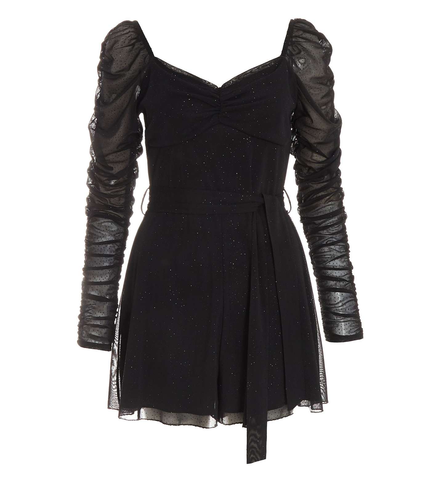 Quiz Black Glitter Mesh Long Sleeve Ruched Belted Playsuit New Look