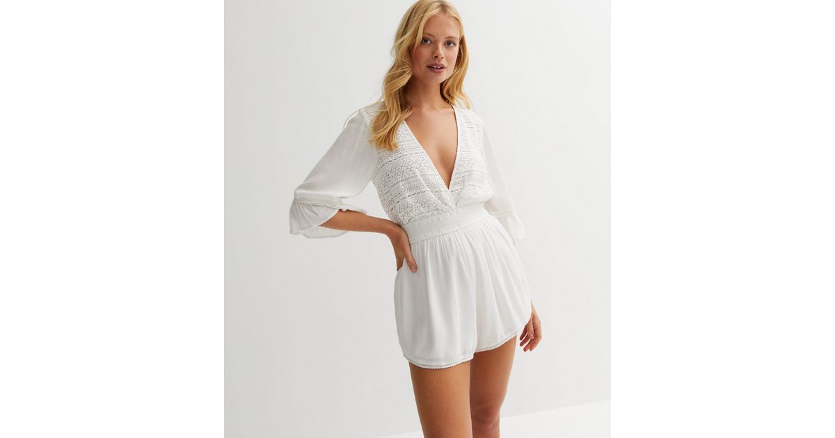 White Crochet Crinkle Tie Back Wrap Beach Playsuit | New Look