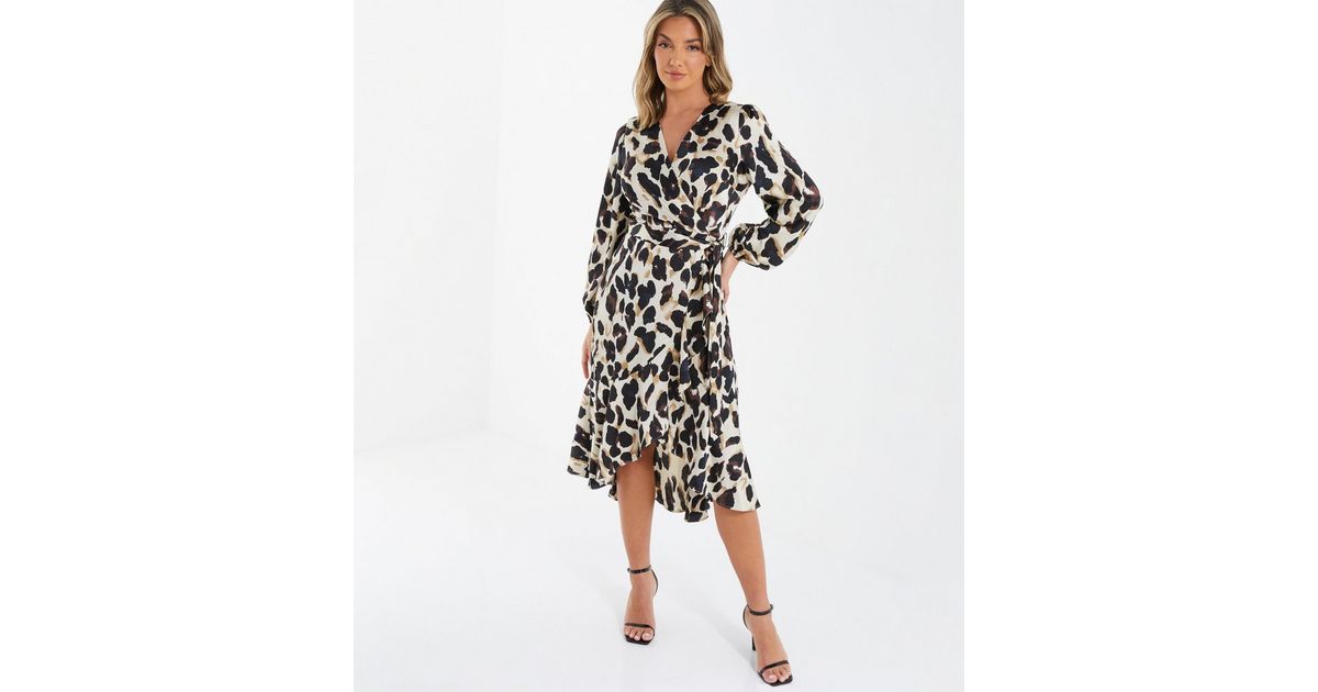QUIZ Off White Leopard Print Satin Long Puff Sleeve Midi Wrap Dress | New Look