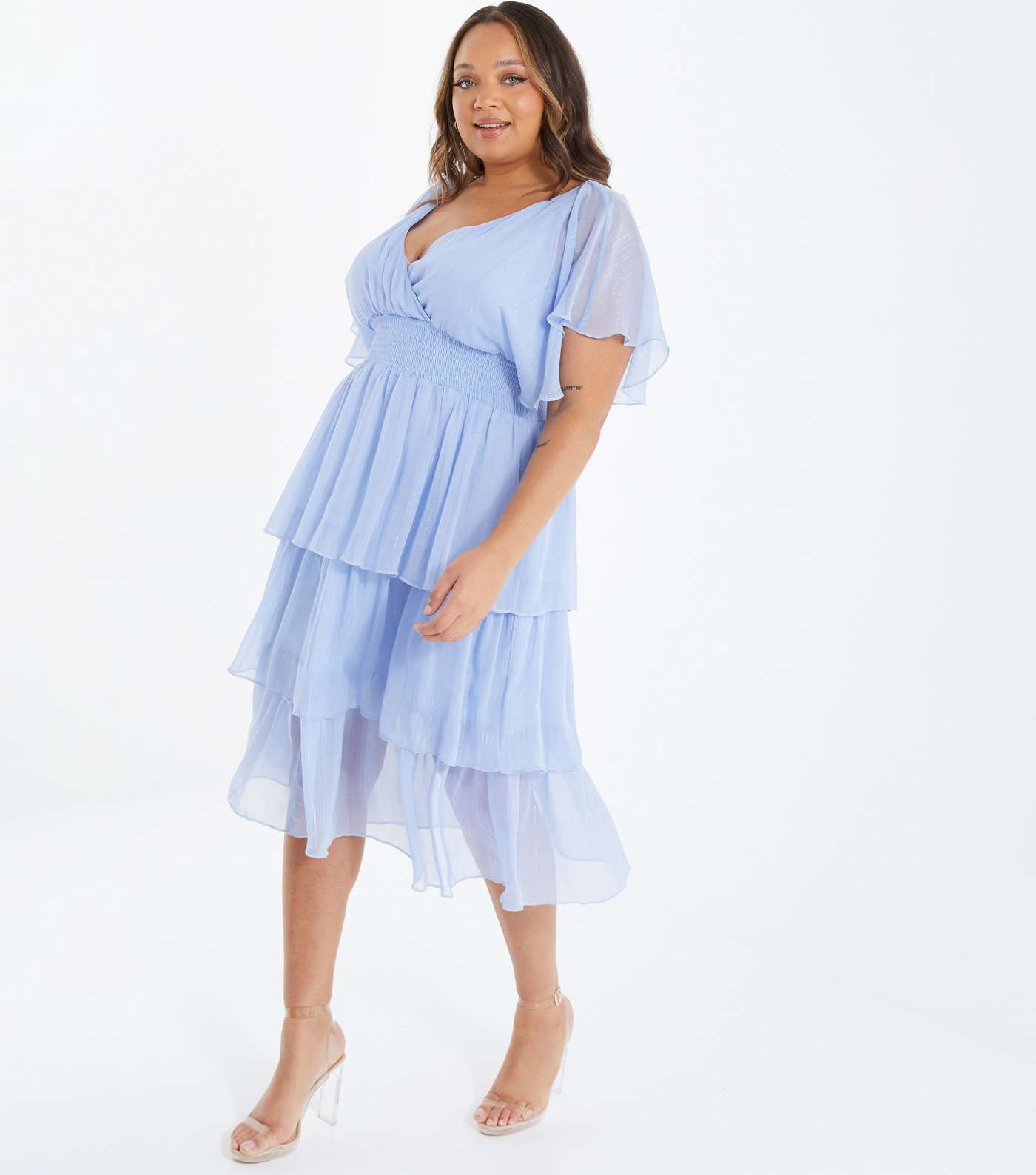 Quiz Curves Pale Blue Glitter Chiffon Tiered Midi Dress New Look