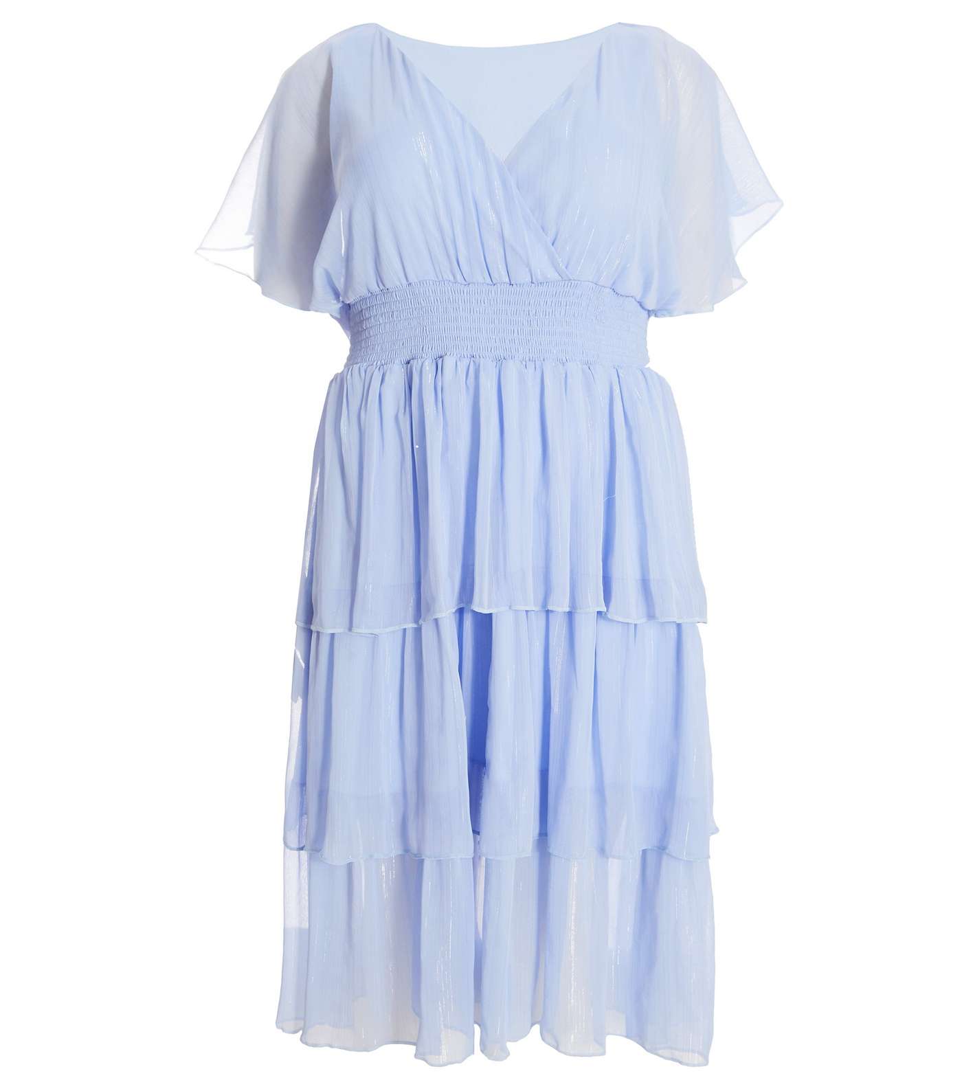 Quiz Curves Pale Blue Glitter Chiffon Tiered Midi Dress New Look