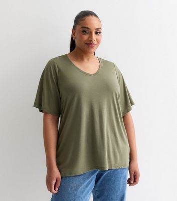 Curves Khaki V Neck Jersey T Shirt | New Look