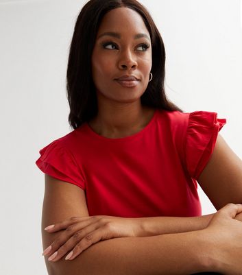 Curves Red Frill Sleeve T-Shirt | New Look