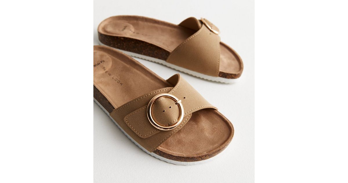Wide Fit Light Brown Suedette Buckle Footbed Mule Sliders | New Look