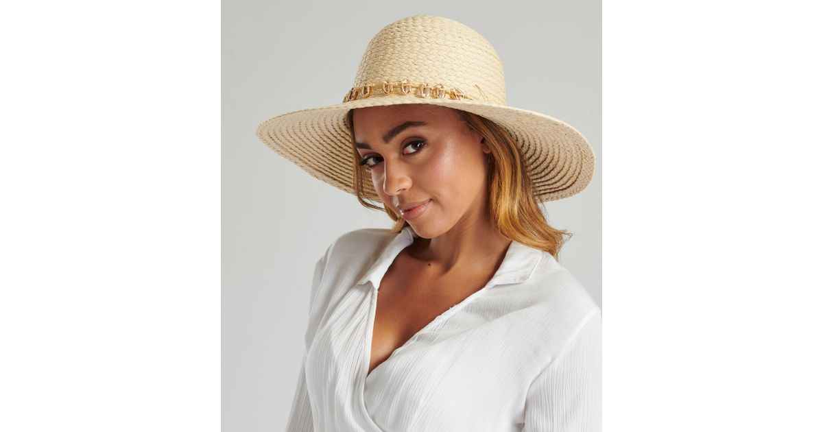 South Beach Cream Woven Straw Effect Shell Trim Hat | New Look