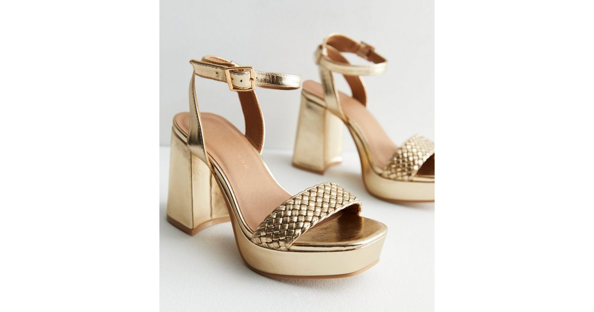 Wide Fit Gold Metallic Plaited Strap Platform Block Heel Sandals | New Look