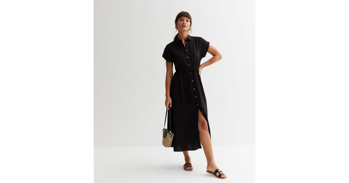 Black Drawstring Midi Shirt Dress | New Look