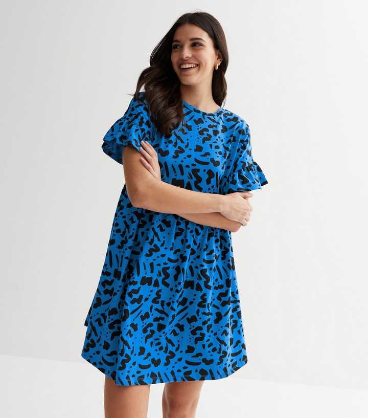 Blue Mark Making Jersey Frill Sleeve Mini Dress | New Look