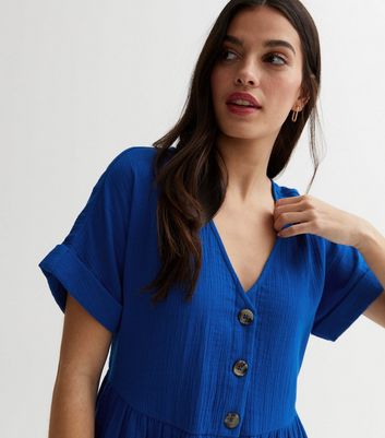 Blue Button Front Mini Smock Dress | New Look