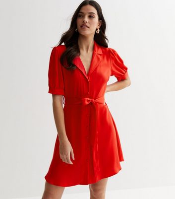 Red Puff Sleeve Belted Mini Shirt Dress | New Look