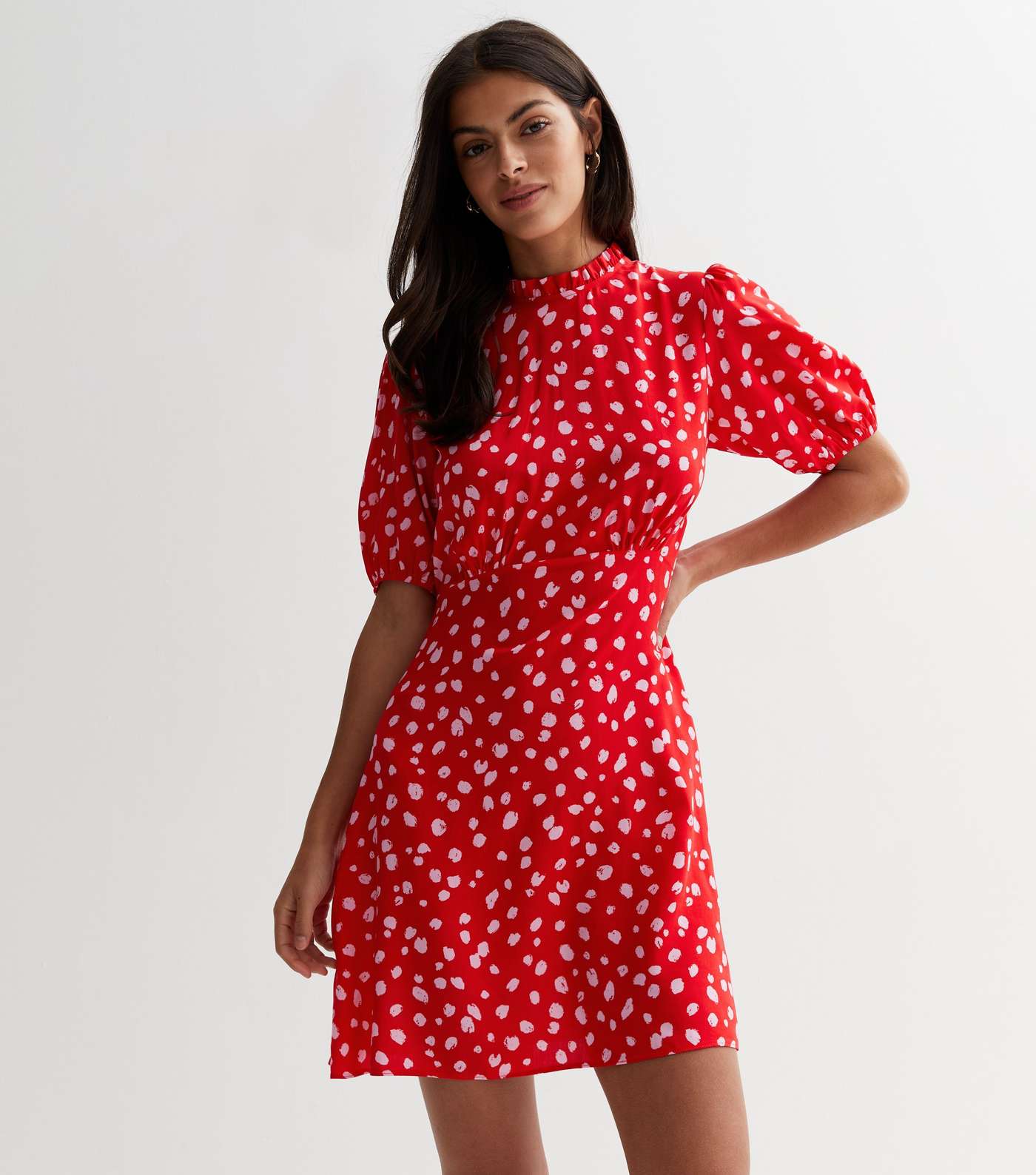 Red Abstract Print High Neck Puff Sleeve Mini Dress New Look