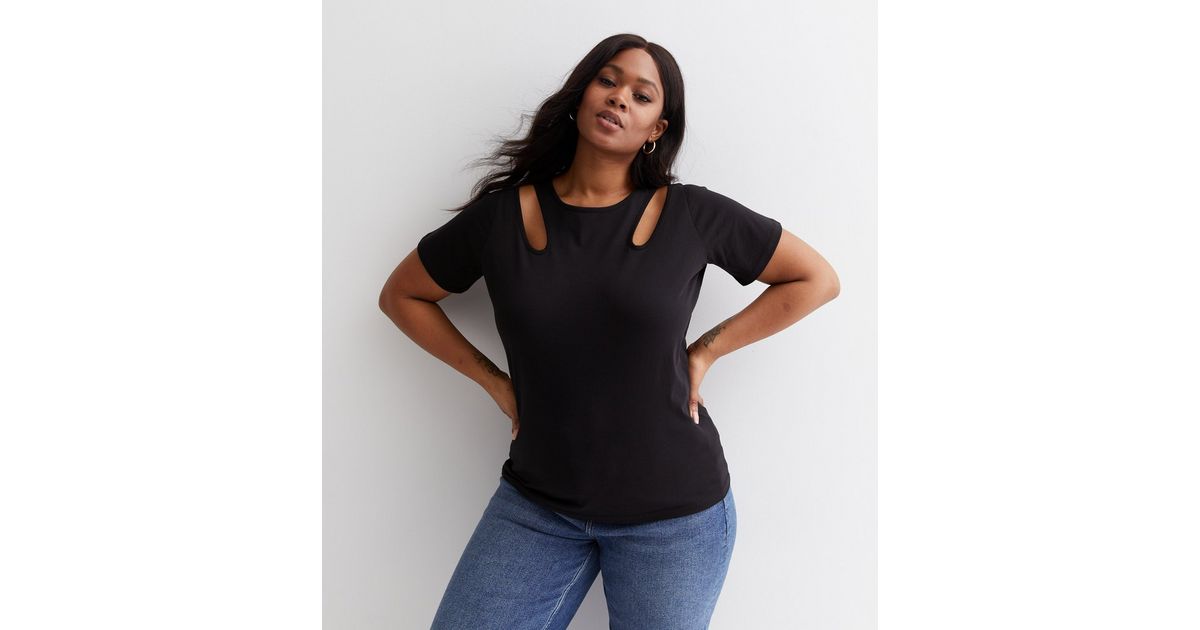 Curves Black Short Sleeve Cut Out Shoulder T-Shirt | New Look