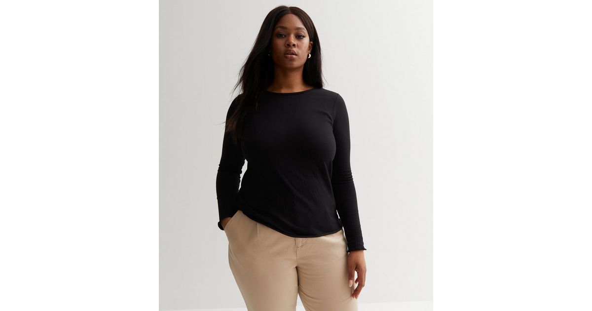 Curves Black Textured Jersey Long Sleeve Top | New Look