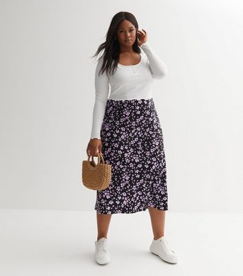 Black Floral Crepe Bias Cut Midi Skirt | New Look