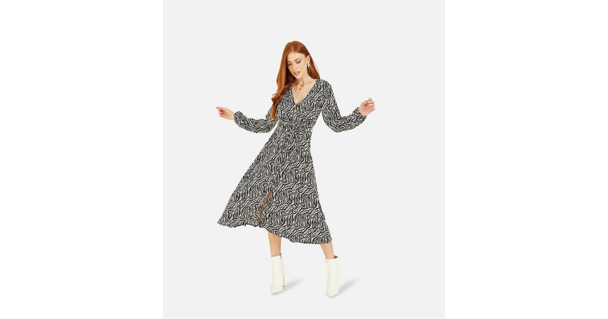 Mela Black Zebra Print V Neck Long Sleeve Midi Dress | New Look