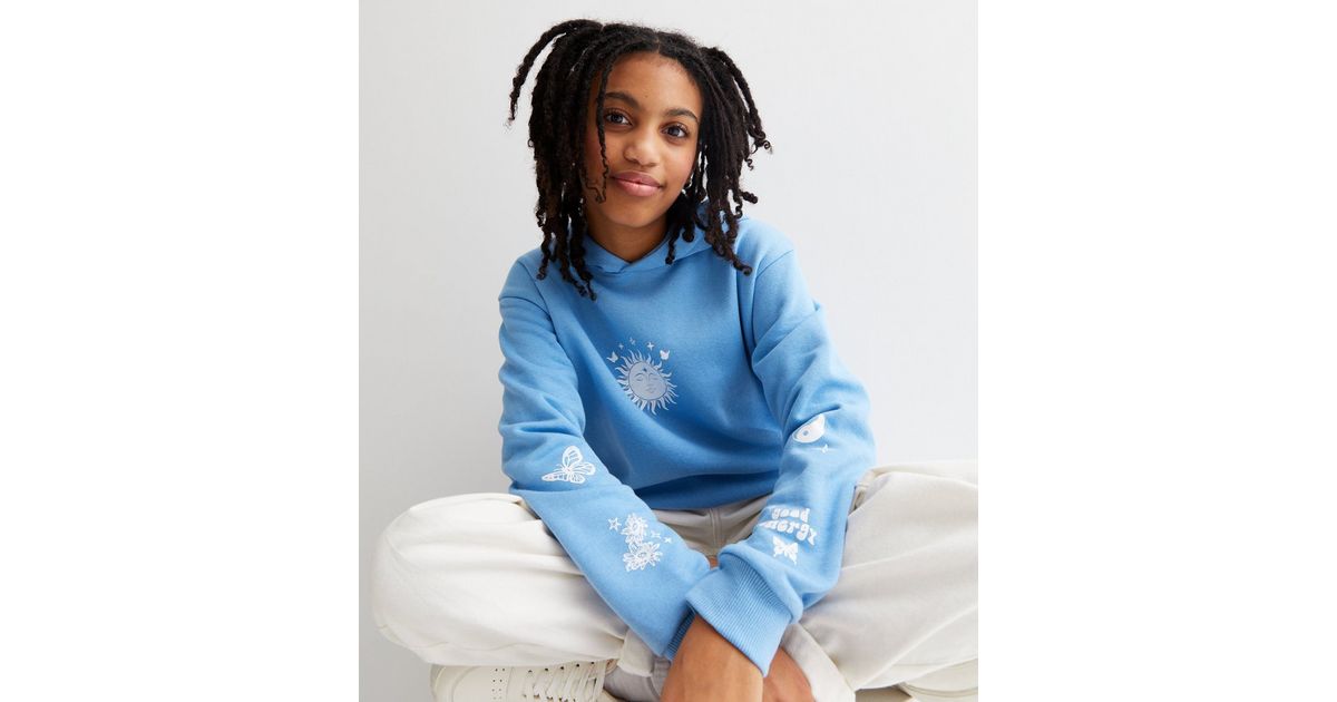 Girls Bright Blue Mystic Positive Thoughts Logo Long Hoodie | New Look