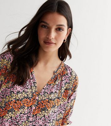 Black Ditsy Floral Stripe Puff Sleeve Blouse | New Look